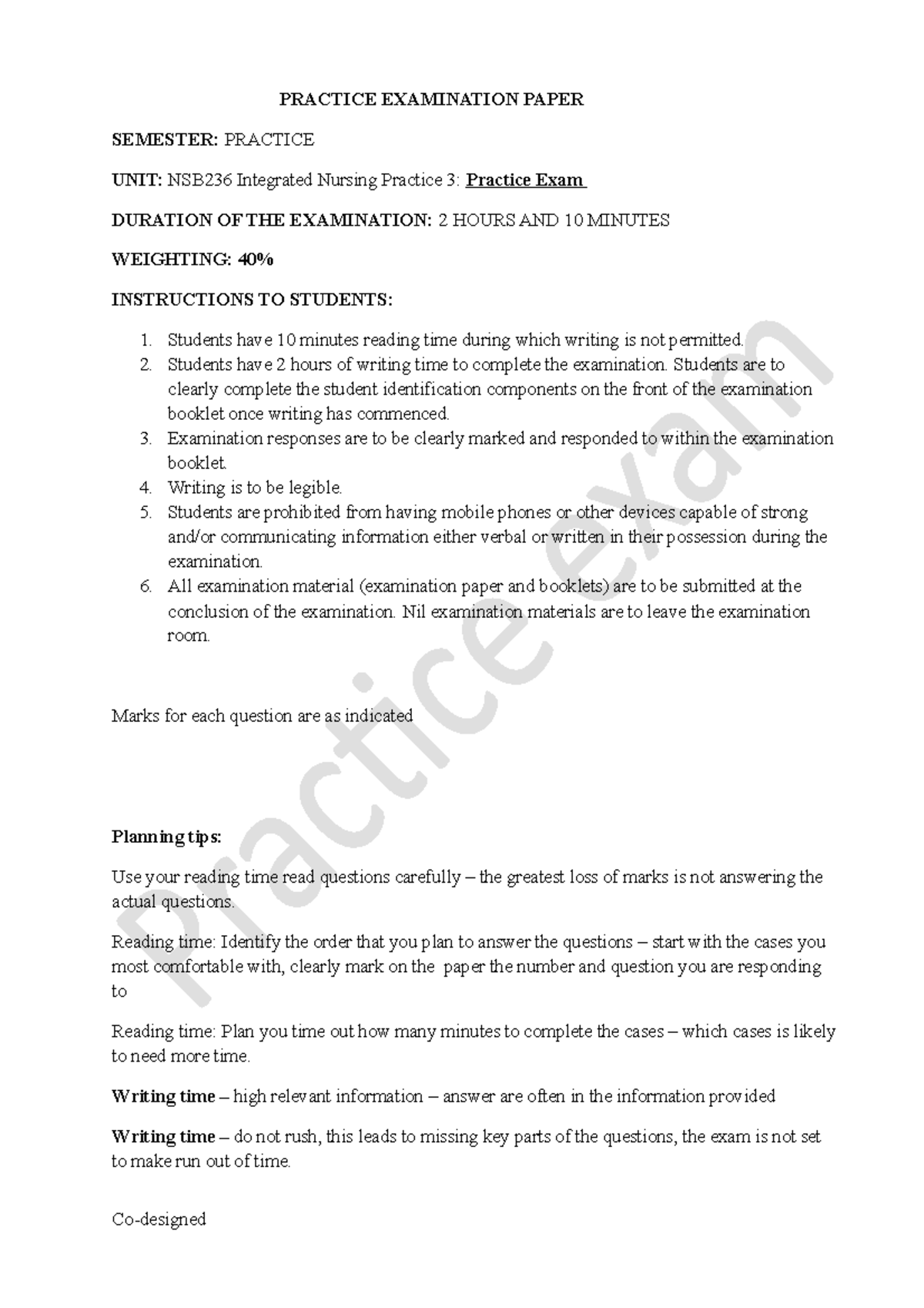NSB236 Answer guide Practice exam - PRACTICE EXAMINATION PAPER SEMESTER ...