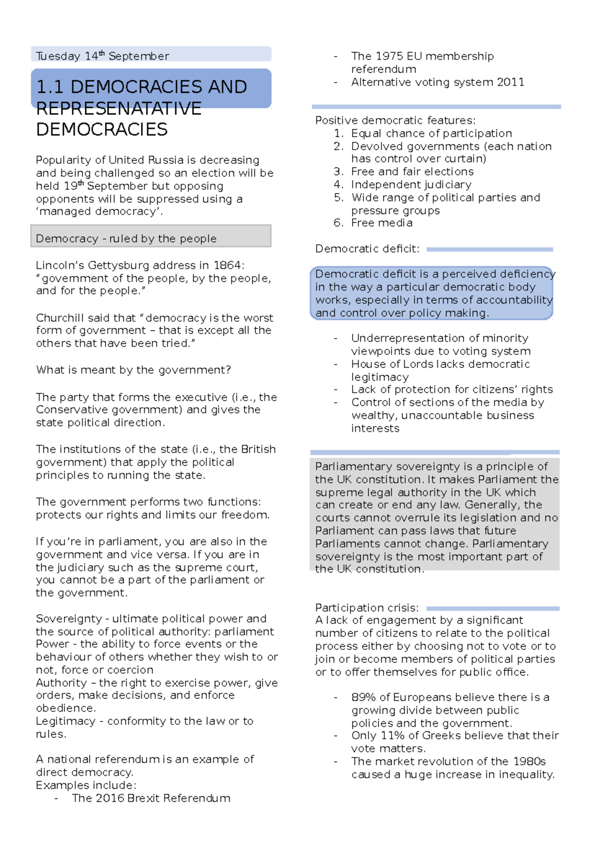 Politics Unit 1 - Unit 1.1 DEmocracy - Tuesday 14th September 1 ...