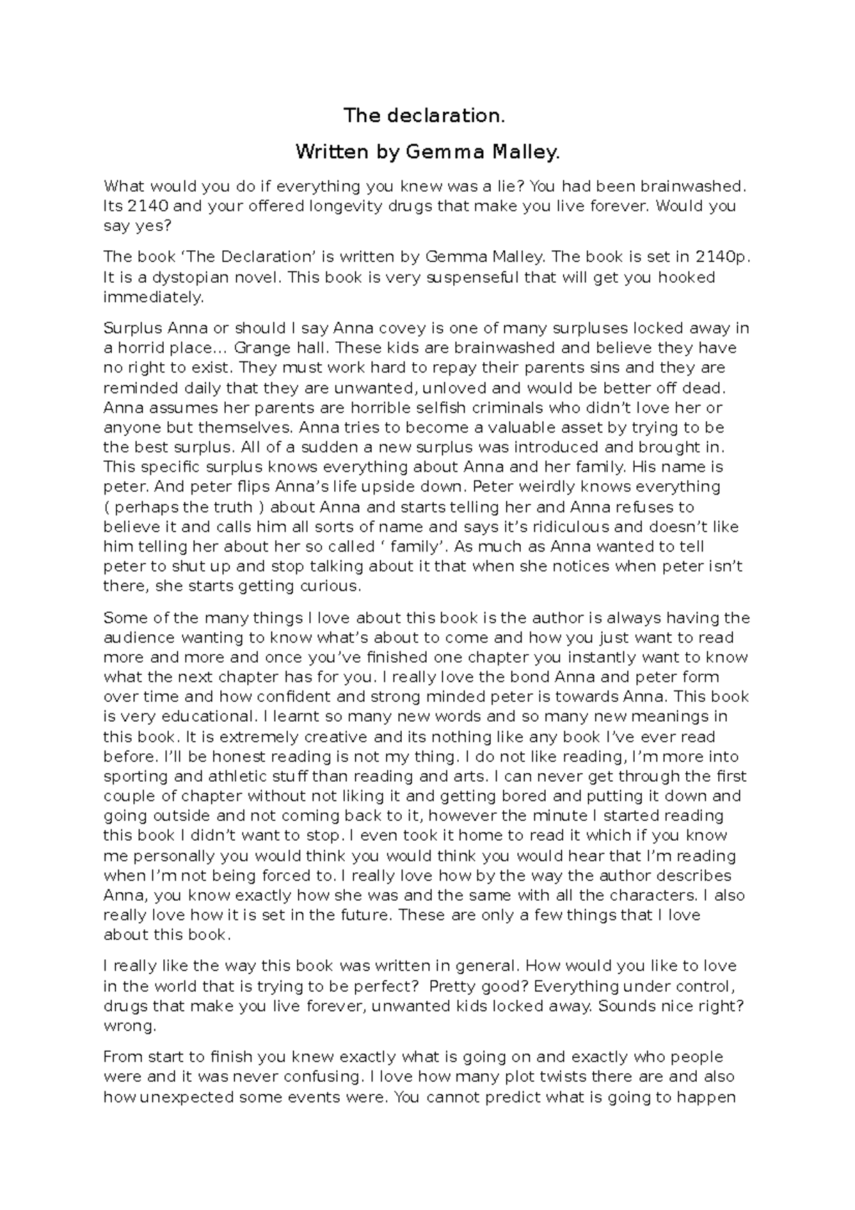 The declaration - Student Example - The declaration. Written by Gemma ...