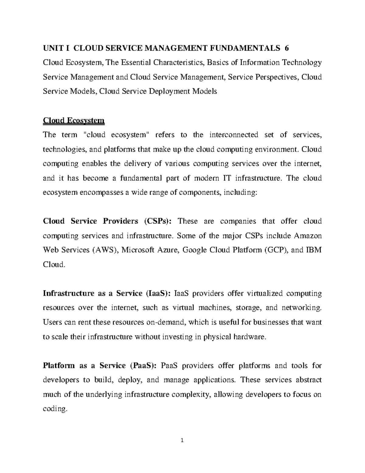 Unit I Cloud Service Management Fundamentals Unit I Cloud Service
