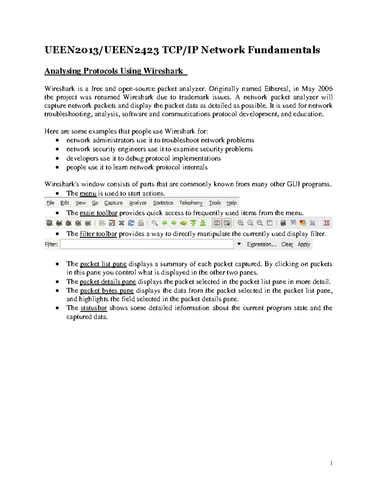 Lab06-Analyzing Protocols - UEEN2013/UEEN2423 TCP/IP Network Fundamentals Analysing Protocols ...