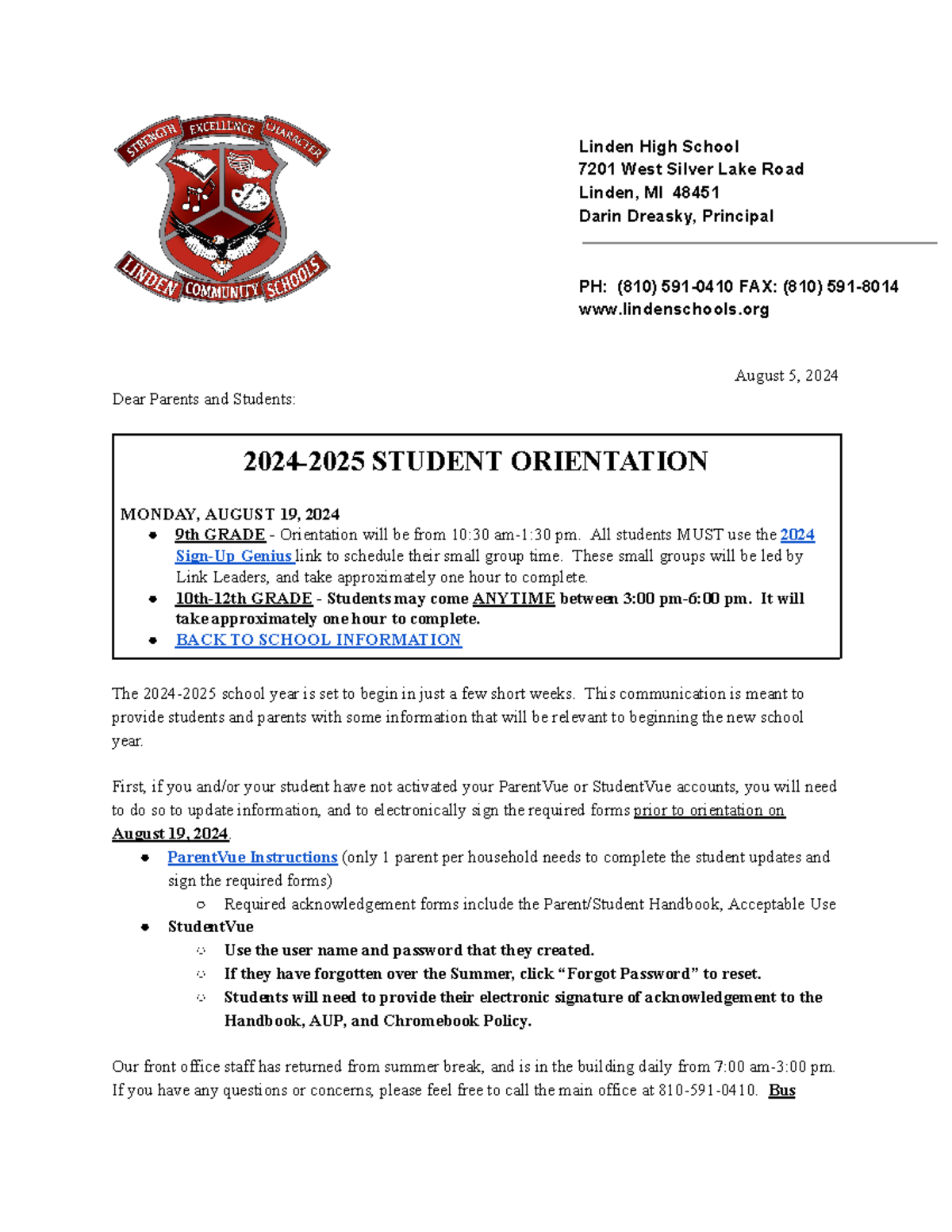 2024-2025 Orientation Letter-Updated - Linden High School 7201 West ...