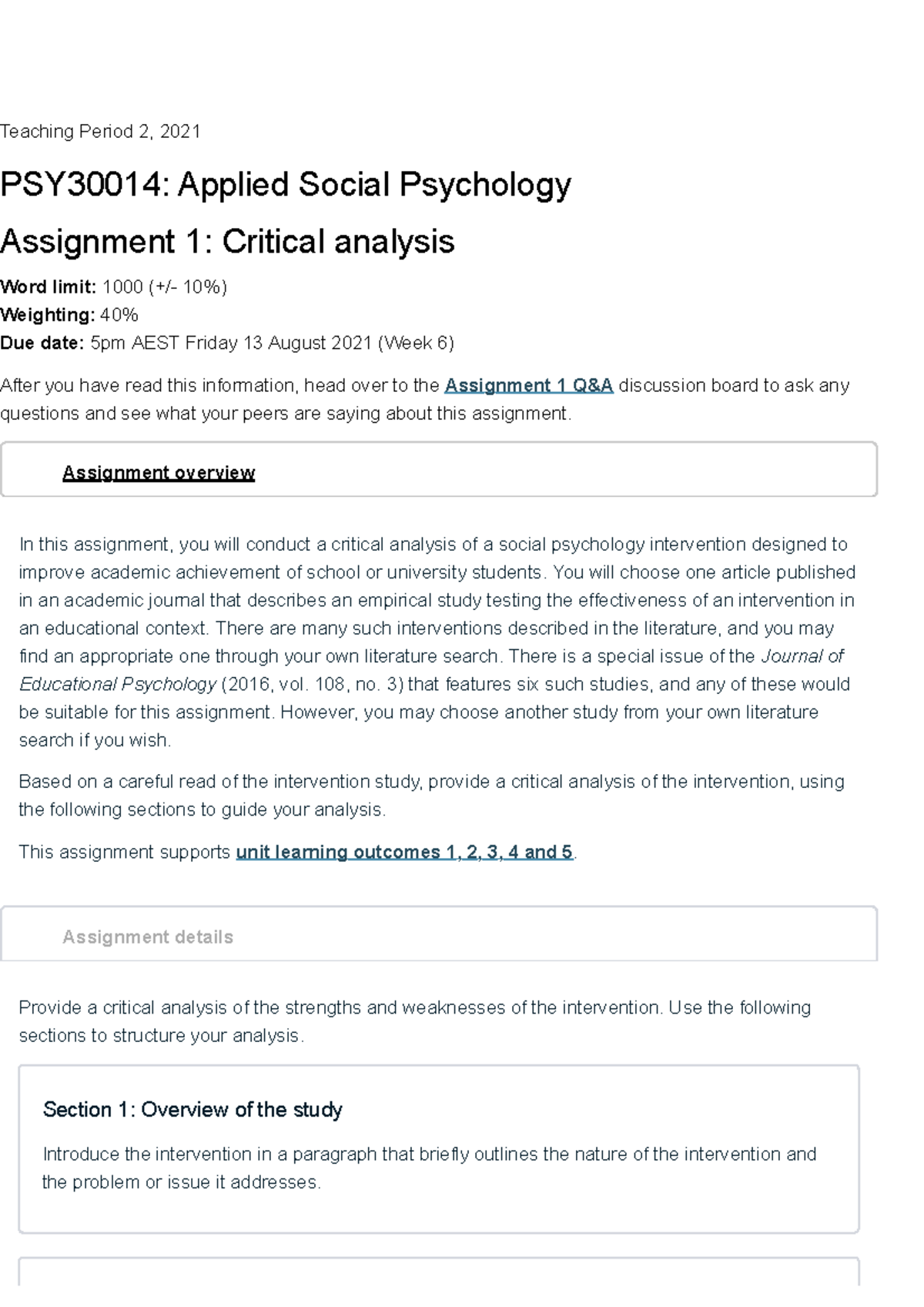 Outline Assignment 1 Critical analysis - PSY30014 - Swinburne - Studocu