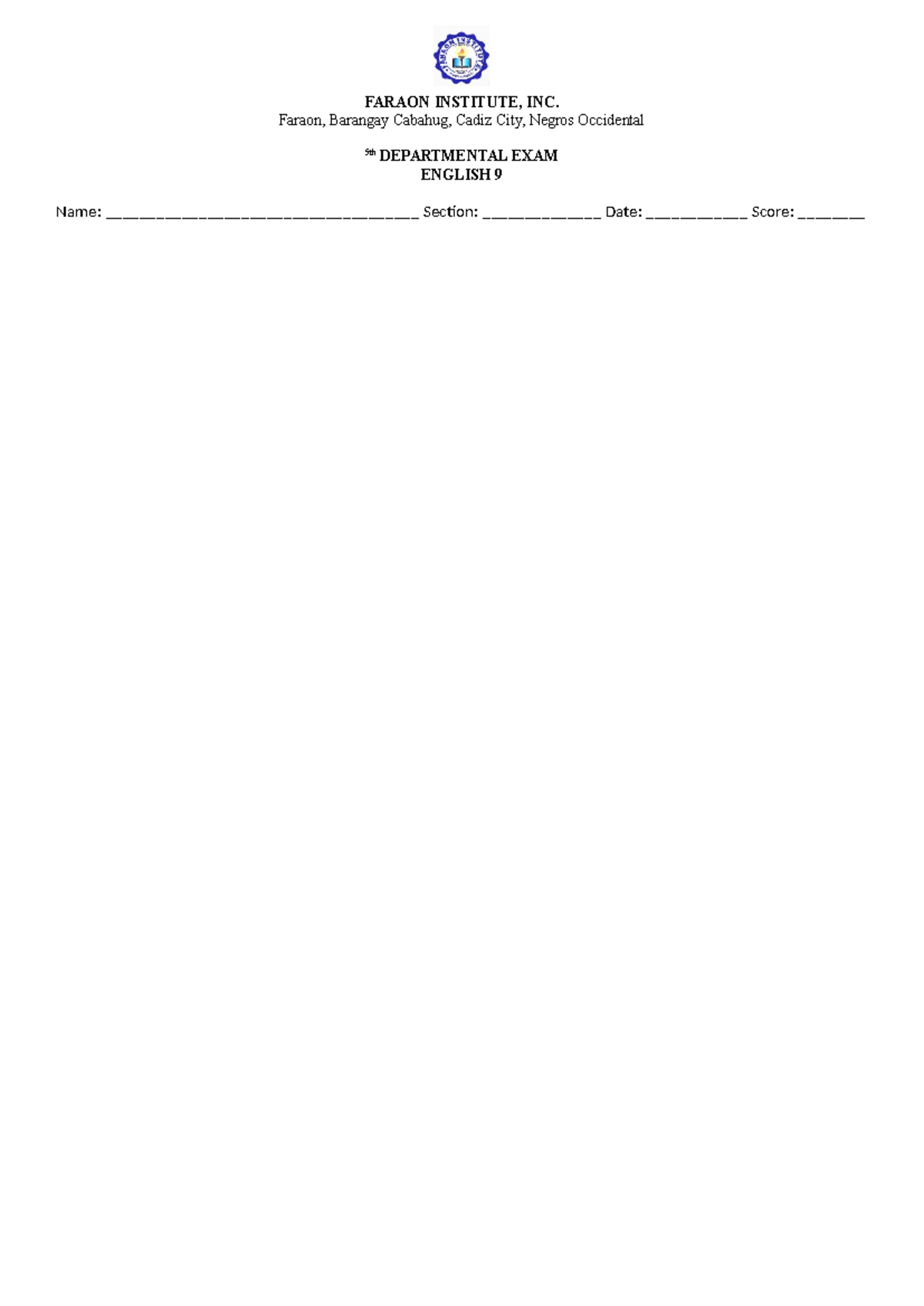 5th DP - FARAON INSTITUTE, INC. Faraon, Barangay Cabahug, Cadiz City ...