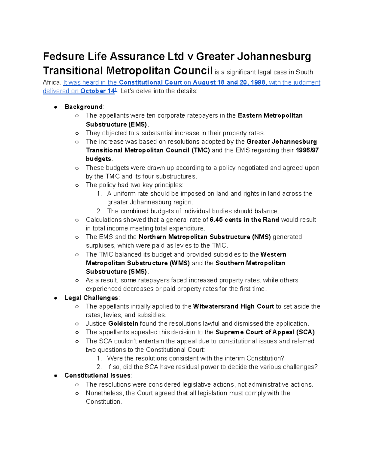 Adl 311 cases summary - Fedsure Life Assurance Ltd v Greater ...