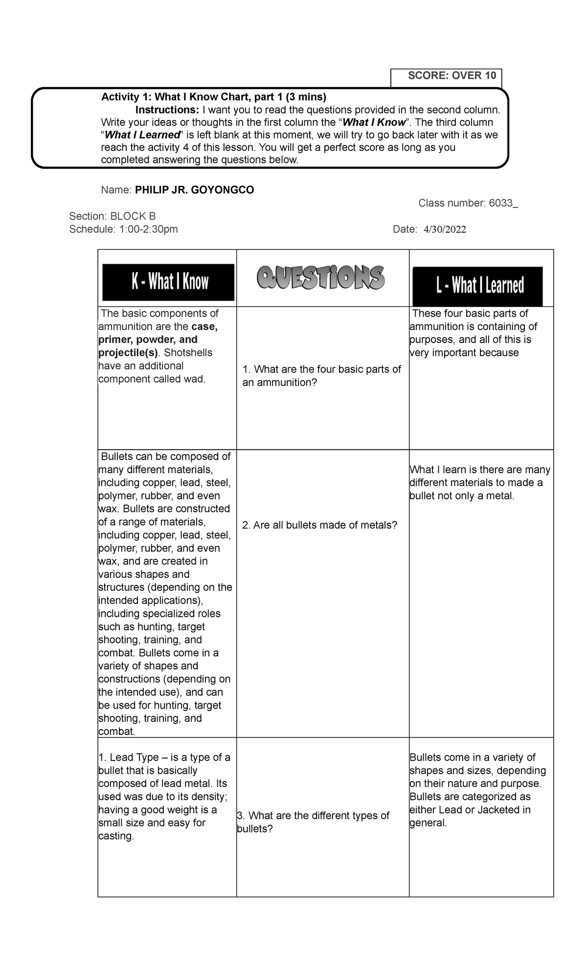 Score - hope this would help - SCORE: OVER 10 Activity 1: What I Know ...