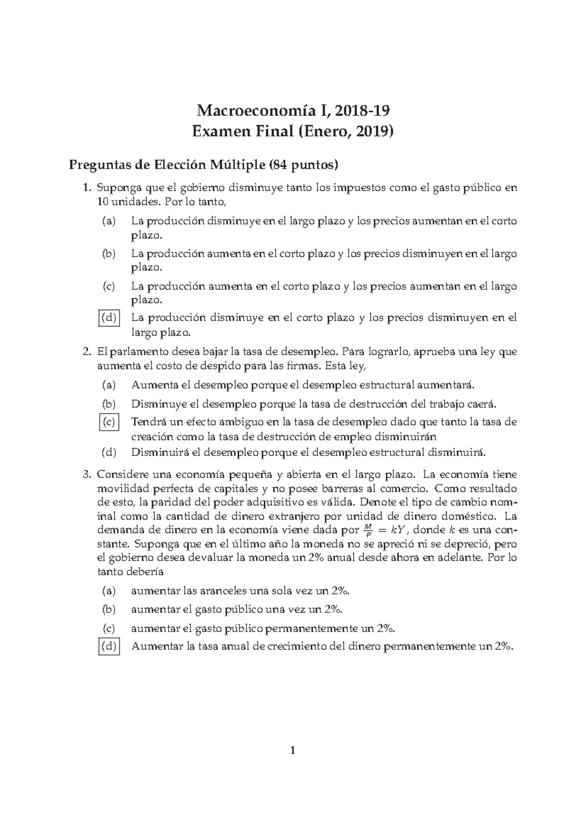 Final 2020, preguntas y respuestas - Macroeconom ́ıa I, 2018- Examen Final (Enero, 2019 ...