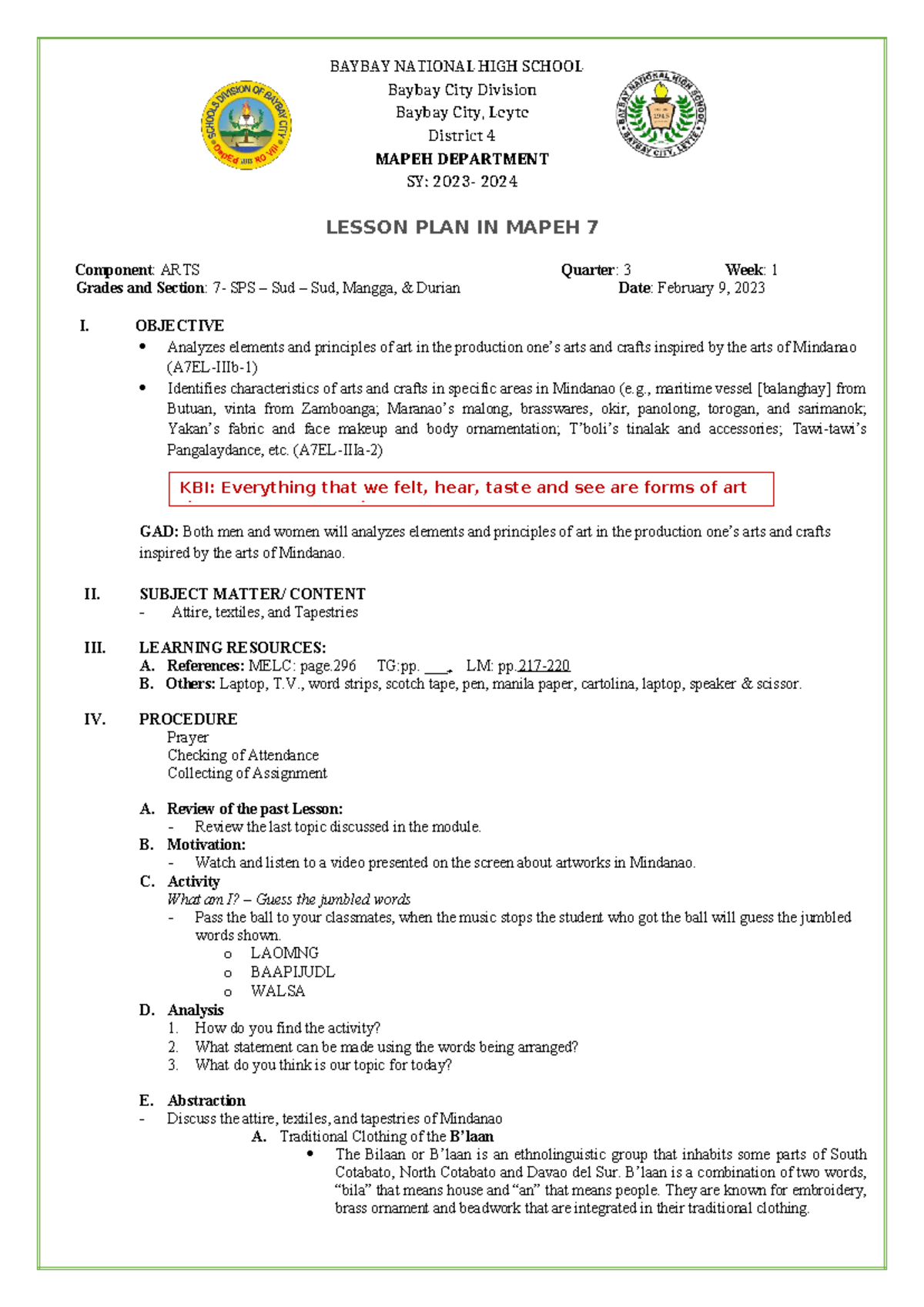Arts Lesson Plan Q3 L1 - arts 7 - BAYBAY NATIONAL HIGH SCHOOL Baybay ...