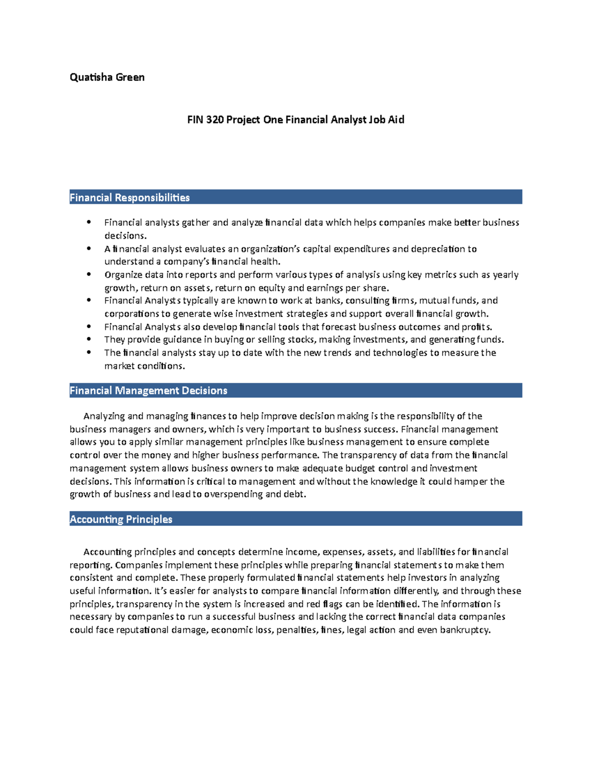 FIN 320 Project One Financial Analyst Job Aid - Quatisha Green FIN 320 ...