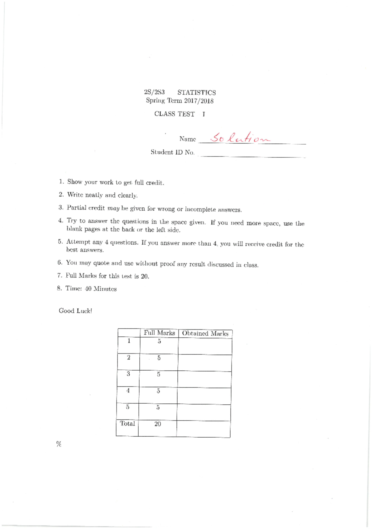 Solution to Class Test 1 - Studocu