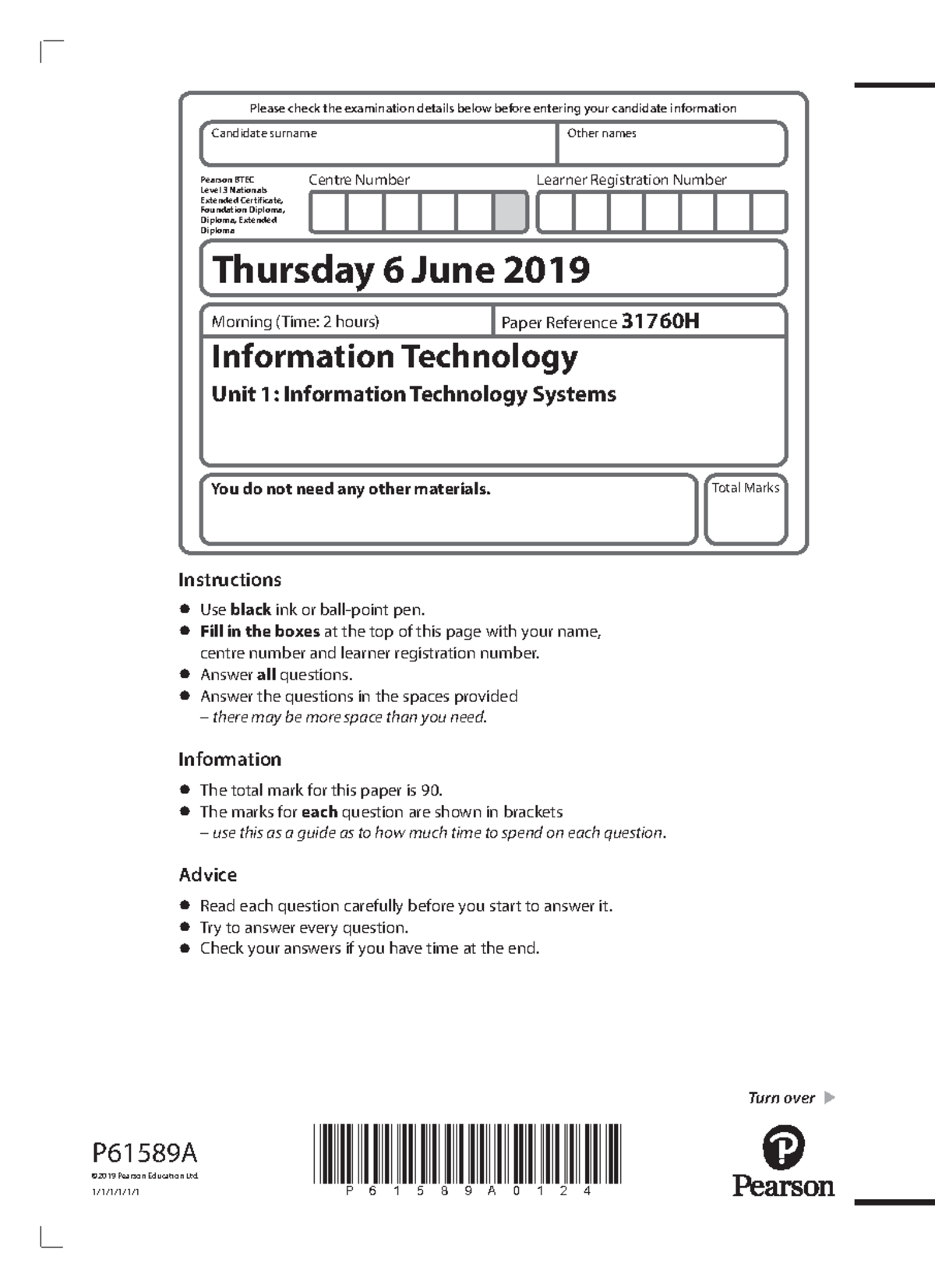 Jun 2019 - dcd - P61589A0124 Turn over Total M a rks Centre N umber ...
