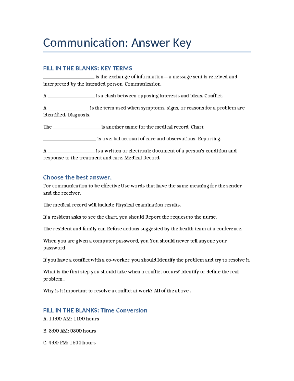 Communication Answer Key - Communication: Answer Key FILL IN THE BLANKS ...