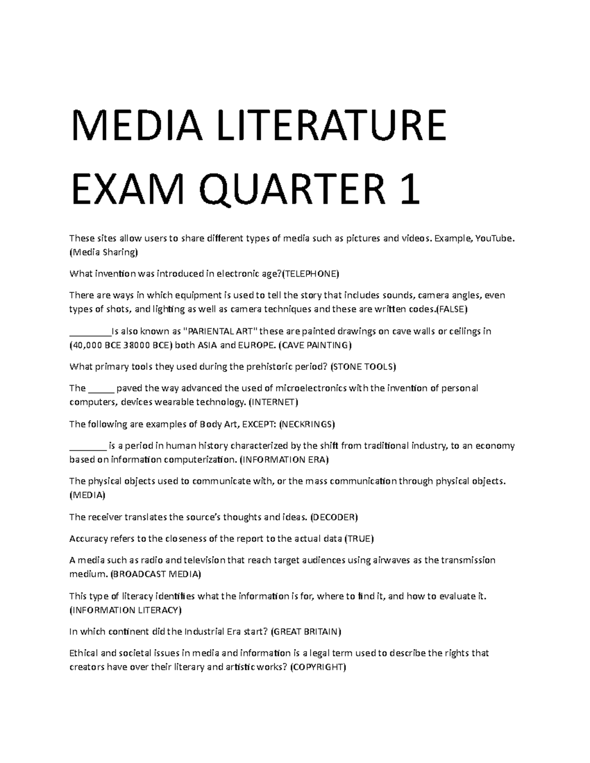 Media Literature EXAM Quarter 1 - MEDIA LITERATURE EXAM QUARTER 1 These ...