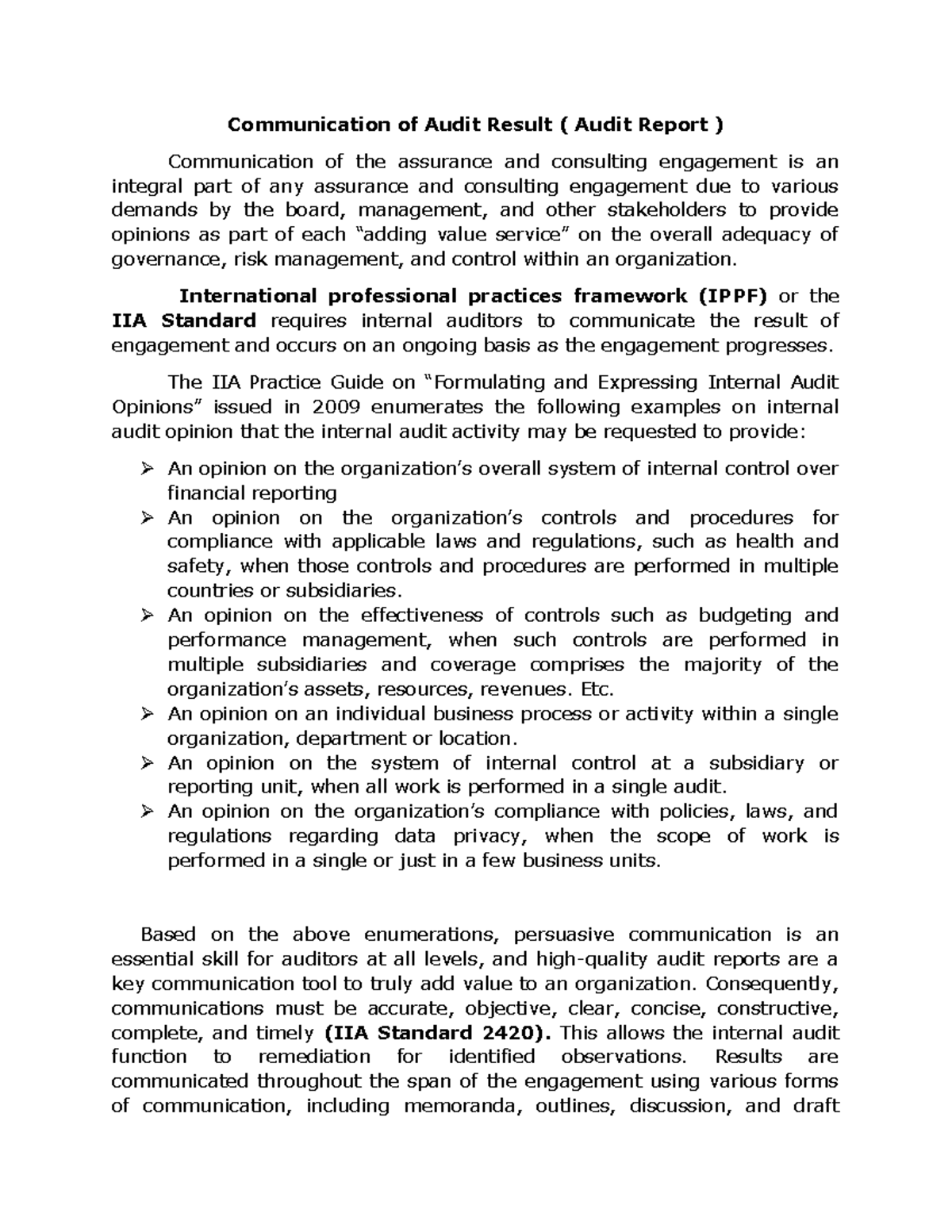 Communication of Audit Result ( Report) - Communication of Audit Result ...