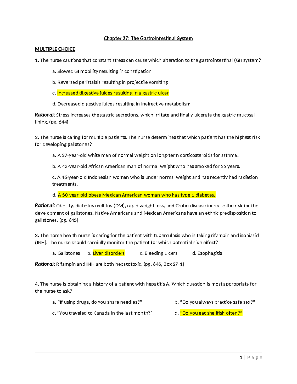 Chapter 27 questions - test bank - Chapter 27: The Gastrointestinal ...