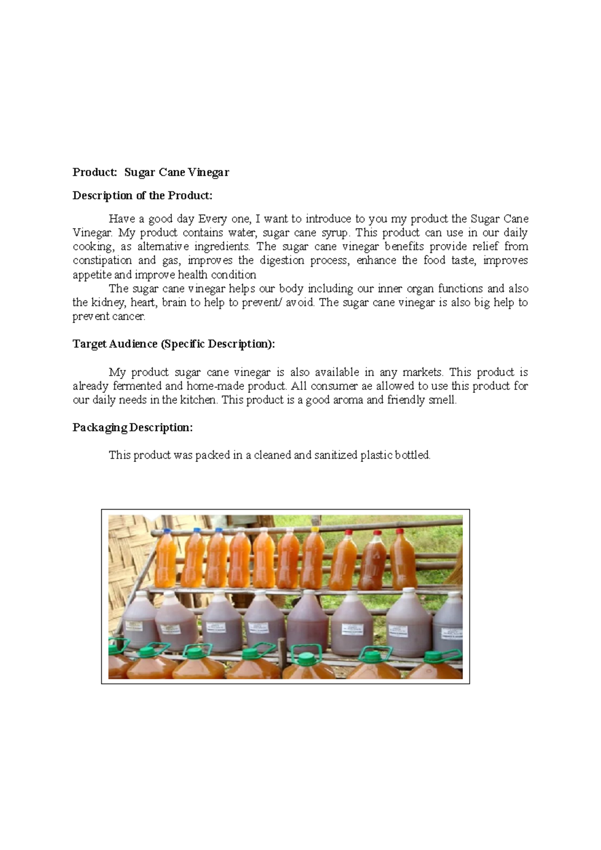 Product - Activity Sheet - Product: Sugar Cane Vinegar Description of ...