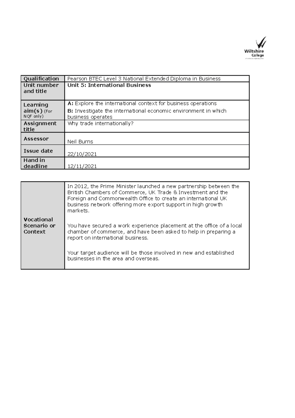 Int Bus - Unit5 A1 2020 - help sheet - Qualification Pearson BTEC Level ...