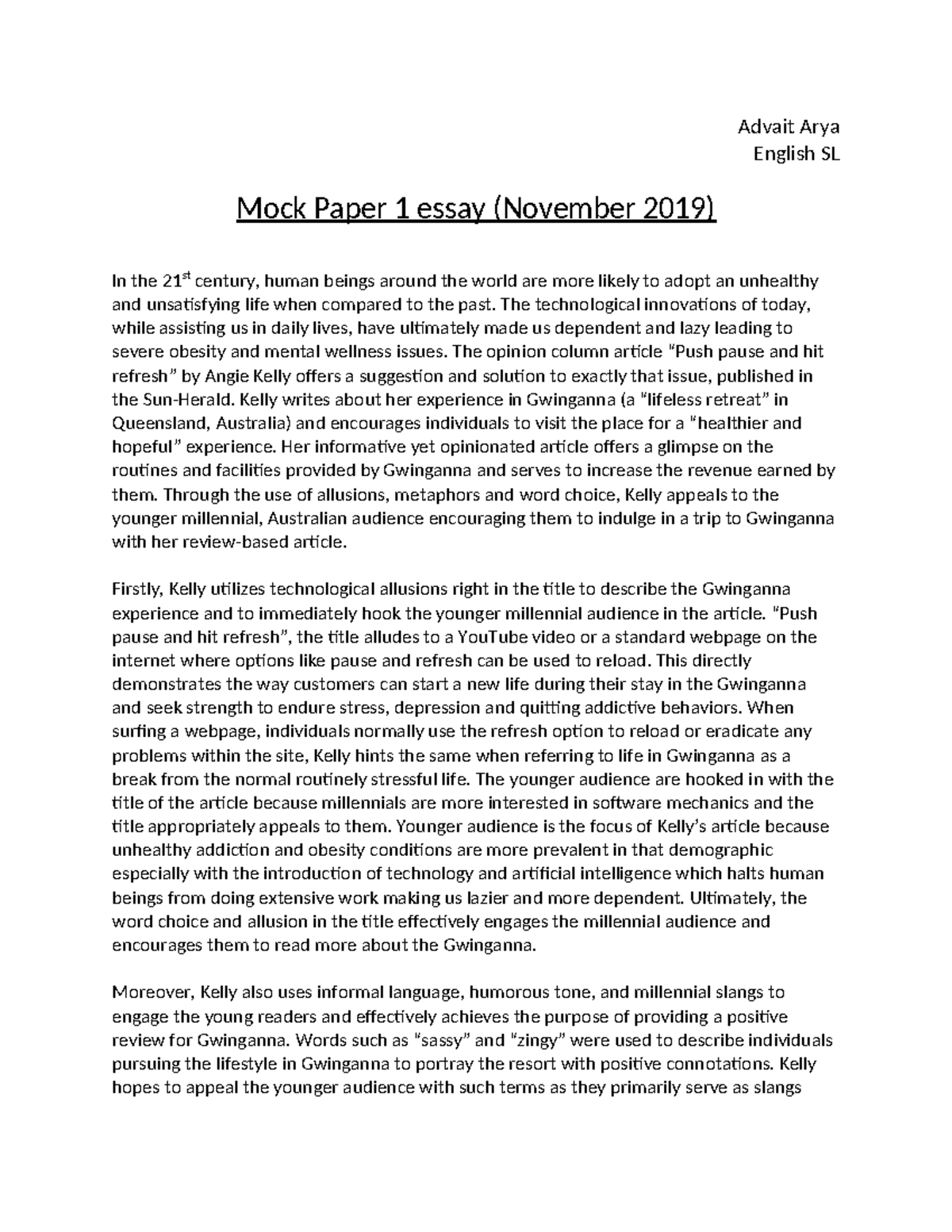 English Mock Paper 1 - Advait Arya English SL Mock Paper 1 essay ...