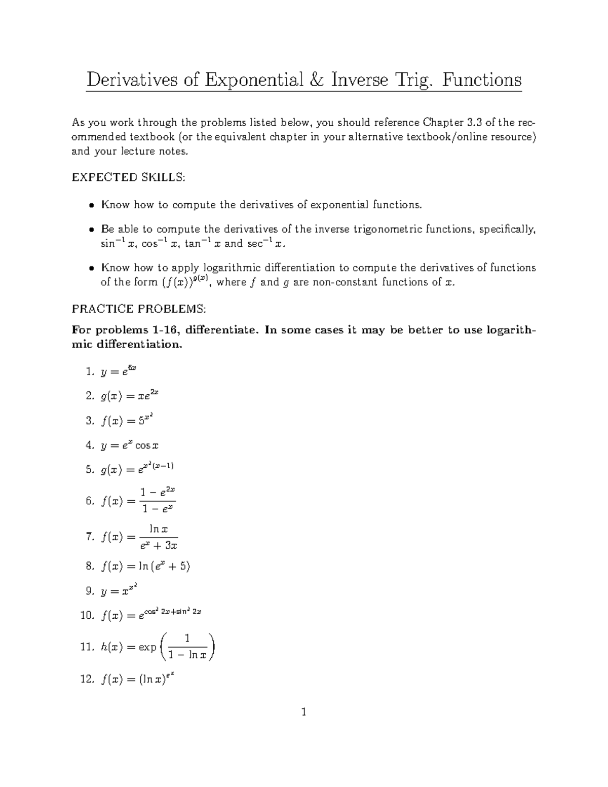 calculus I worksheet - Derivatives of Exponential & Inverse Trig ...