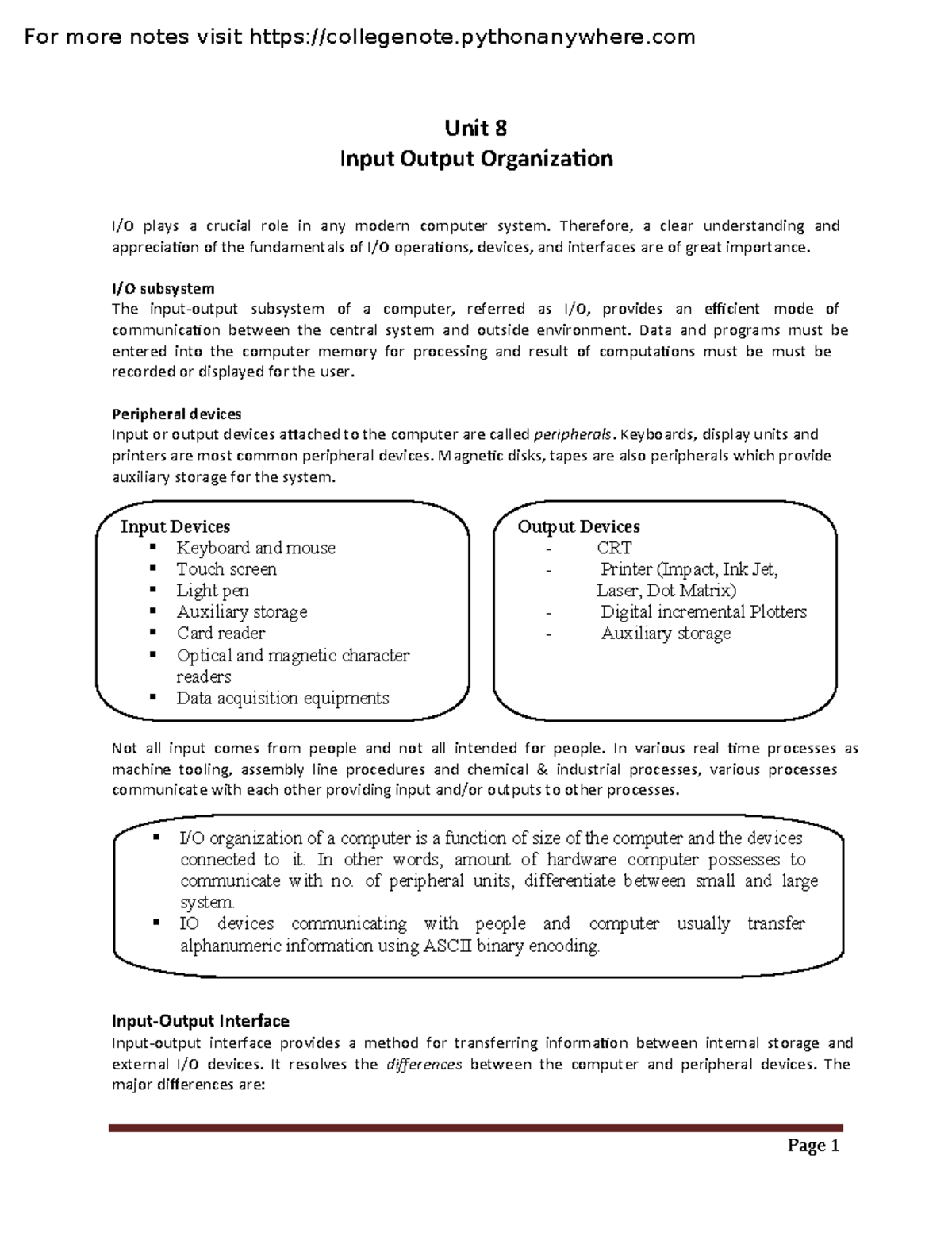 Input Output Organiztion - Unit 8 Input Output Organization I/O plays a ...