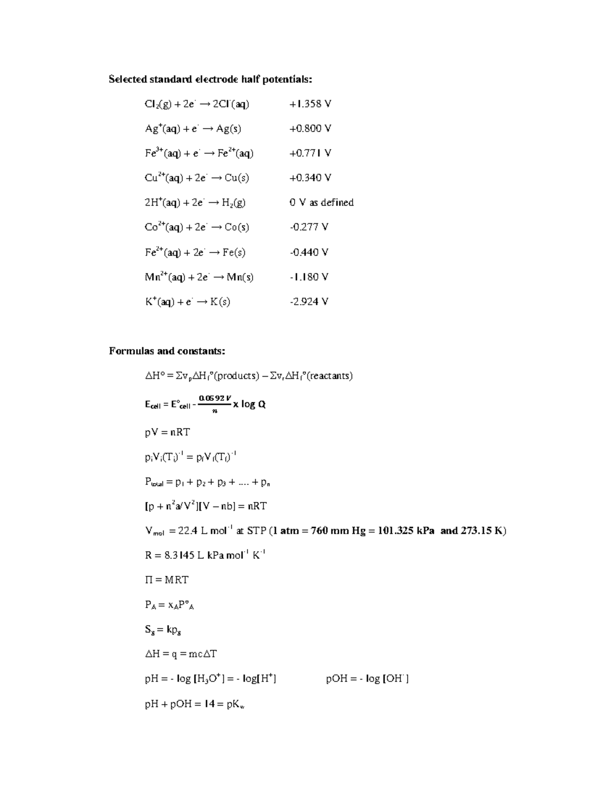 Formula sheet for the Final Exam - Selected standard electrode half ...