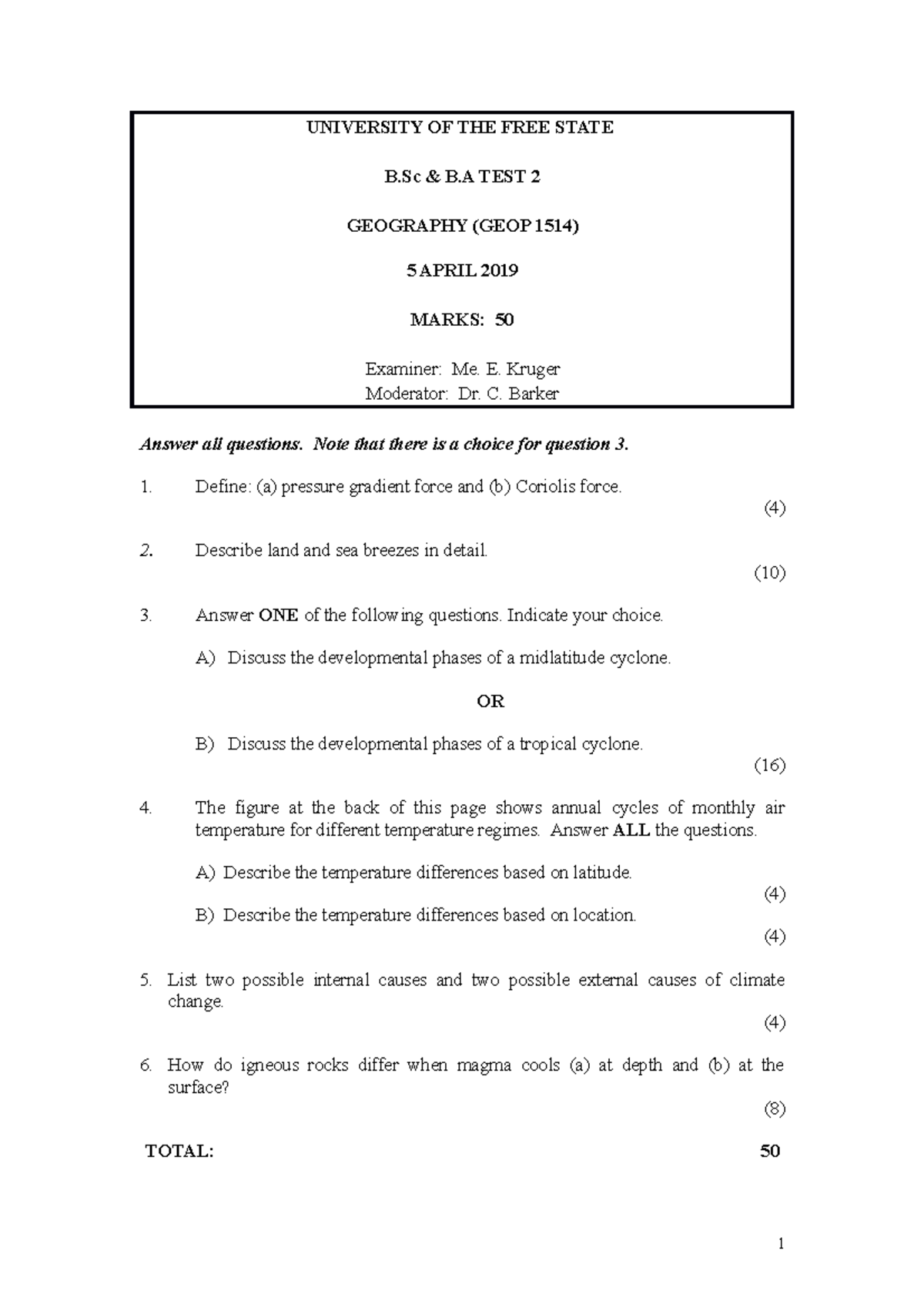 Toets 2-2019 - Past papers - UNIVERSITY OF THE FREE STATE B & B TEST 2 ...