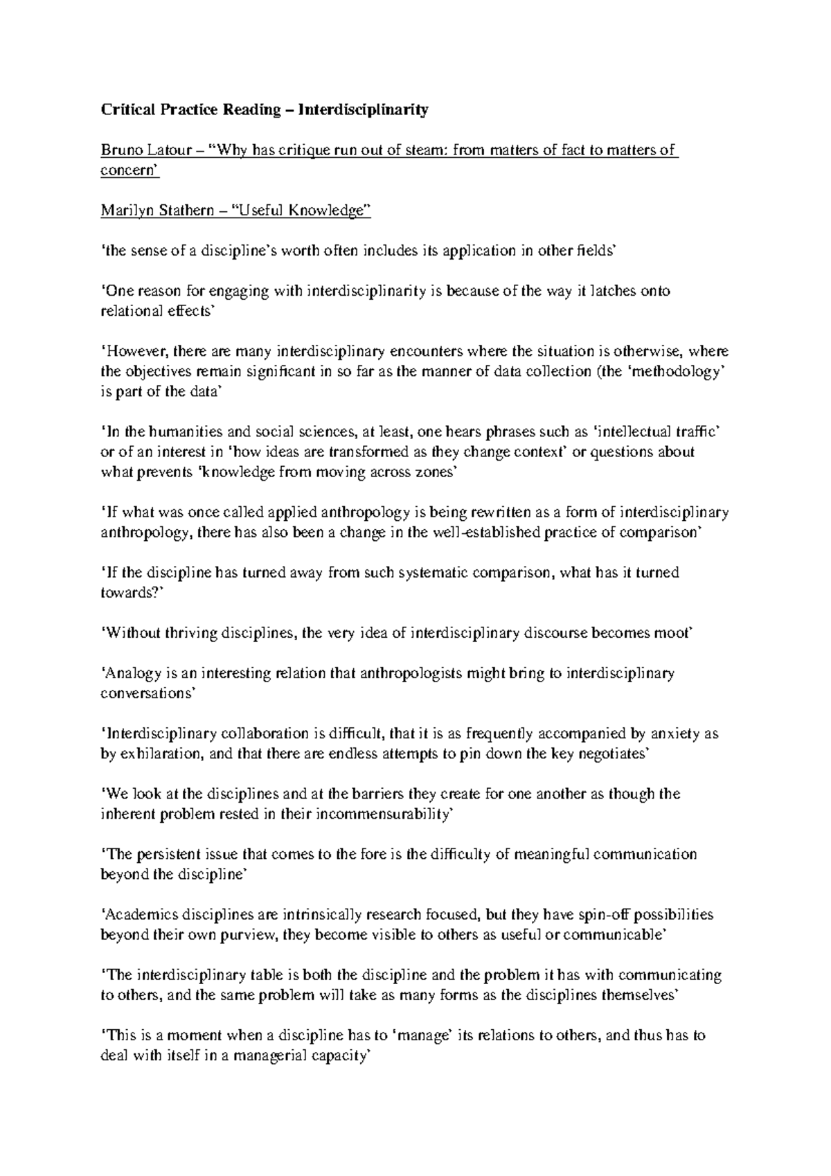 Critical Practice Reading - Interdisciplinarity - Studocu