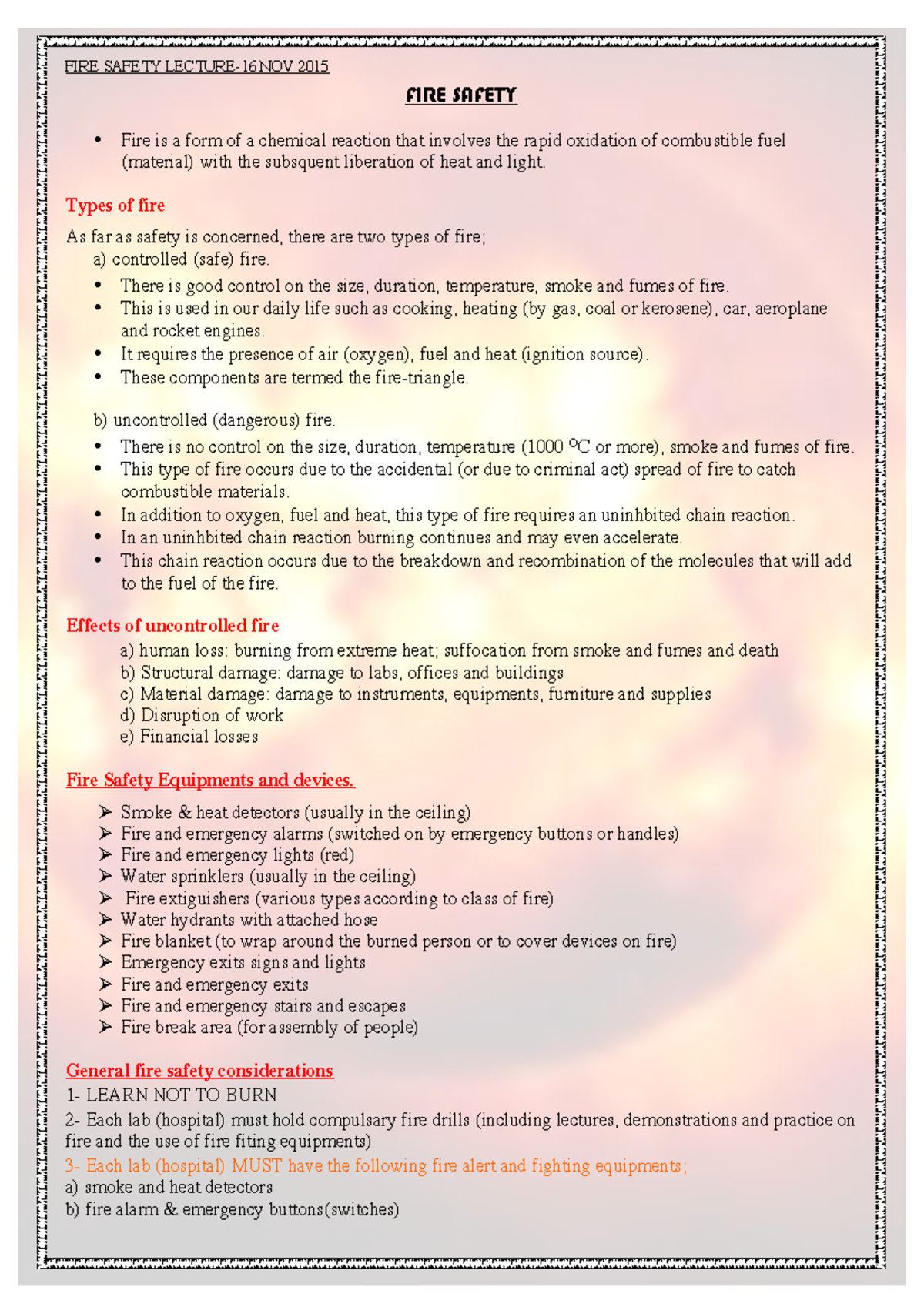 Fire-Safety lecture 1 - FIRE SAFETY Fire is a form of a chemical ...