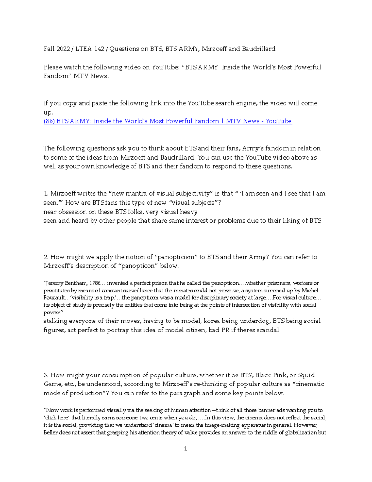 Notes+Questions+BTS+and+Mirzoeff+Baudrillard - Fall 2022 / LTEA 142 ...