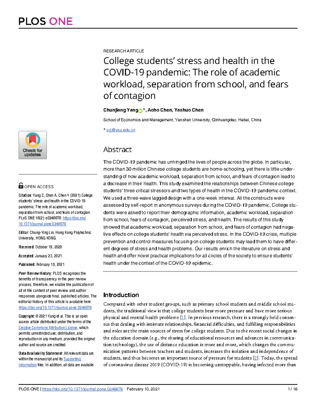Journal - RESEARCH ARTICLE College students’ stress and health in the ...