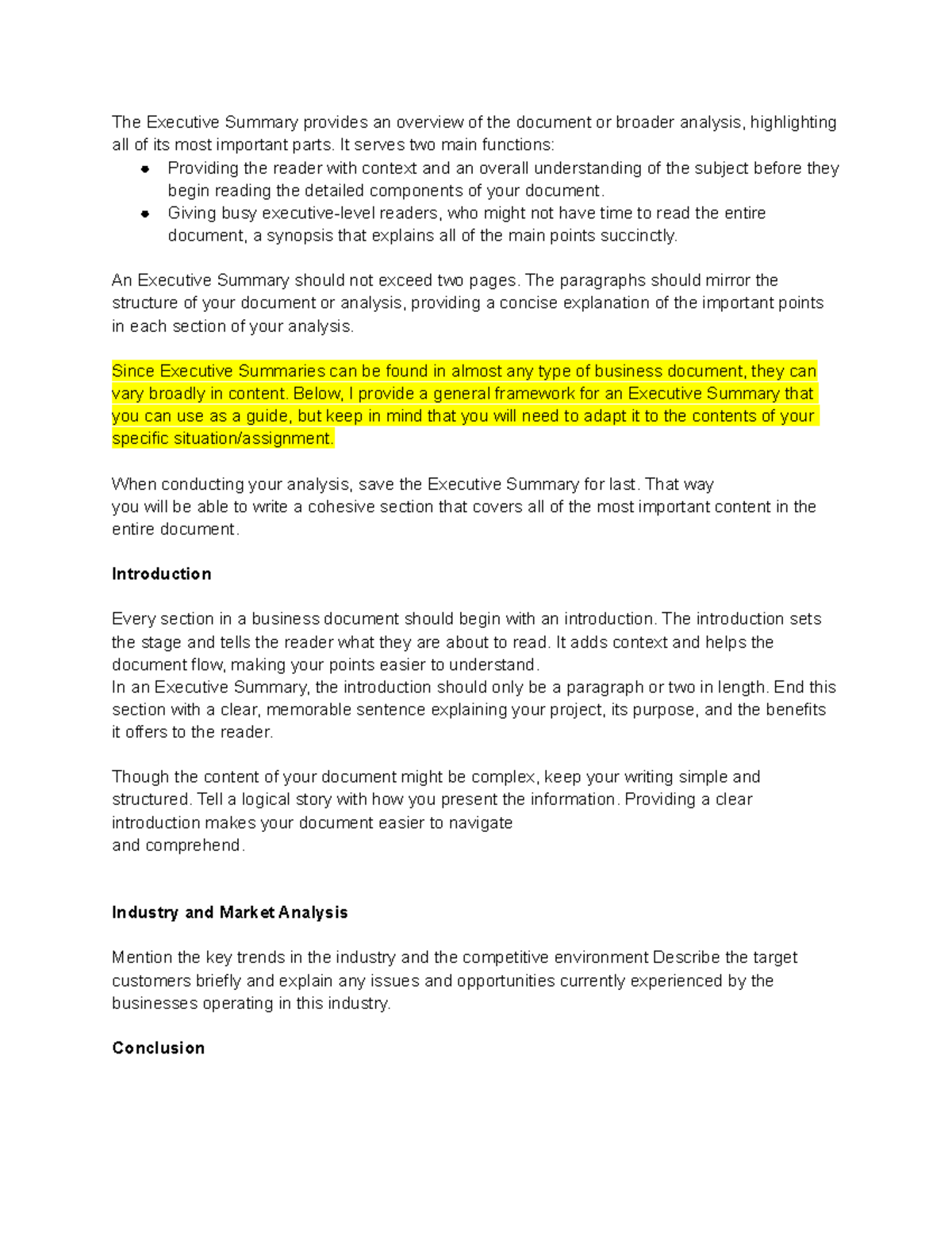 Executive Summary Sample Template - The Executive Summary provides an ...