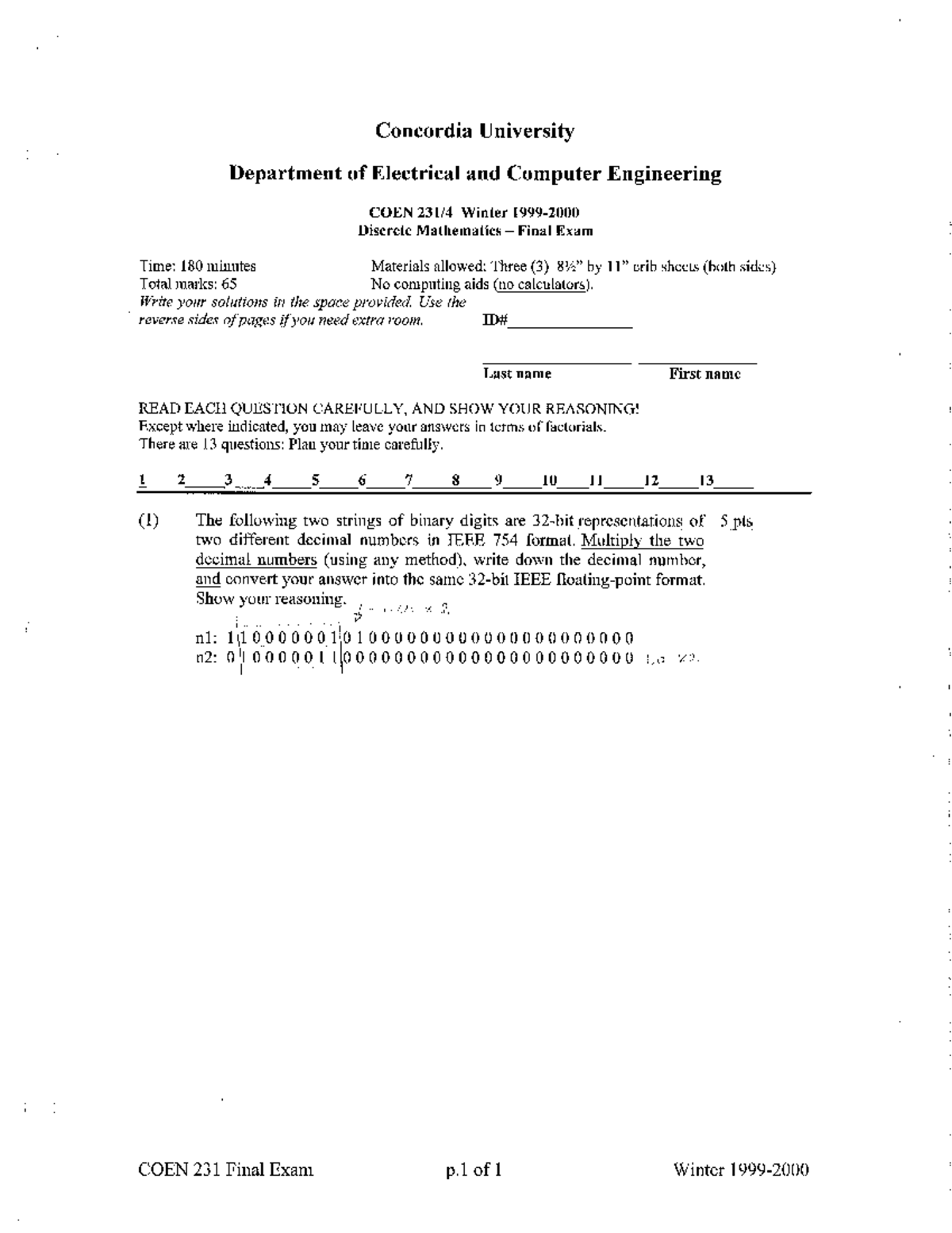COEN 231 - Final (1999 - W) - COEN 231 - Studocu