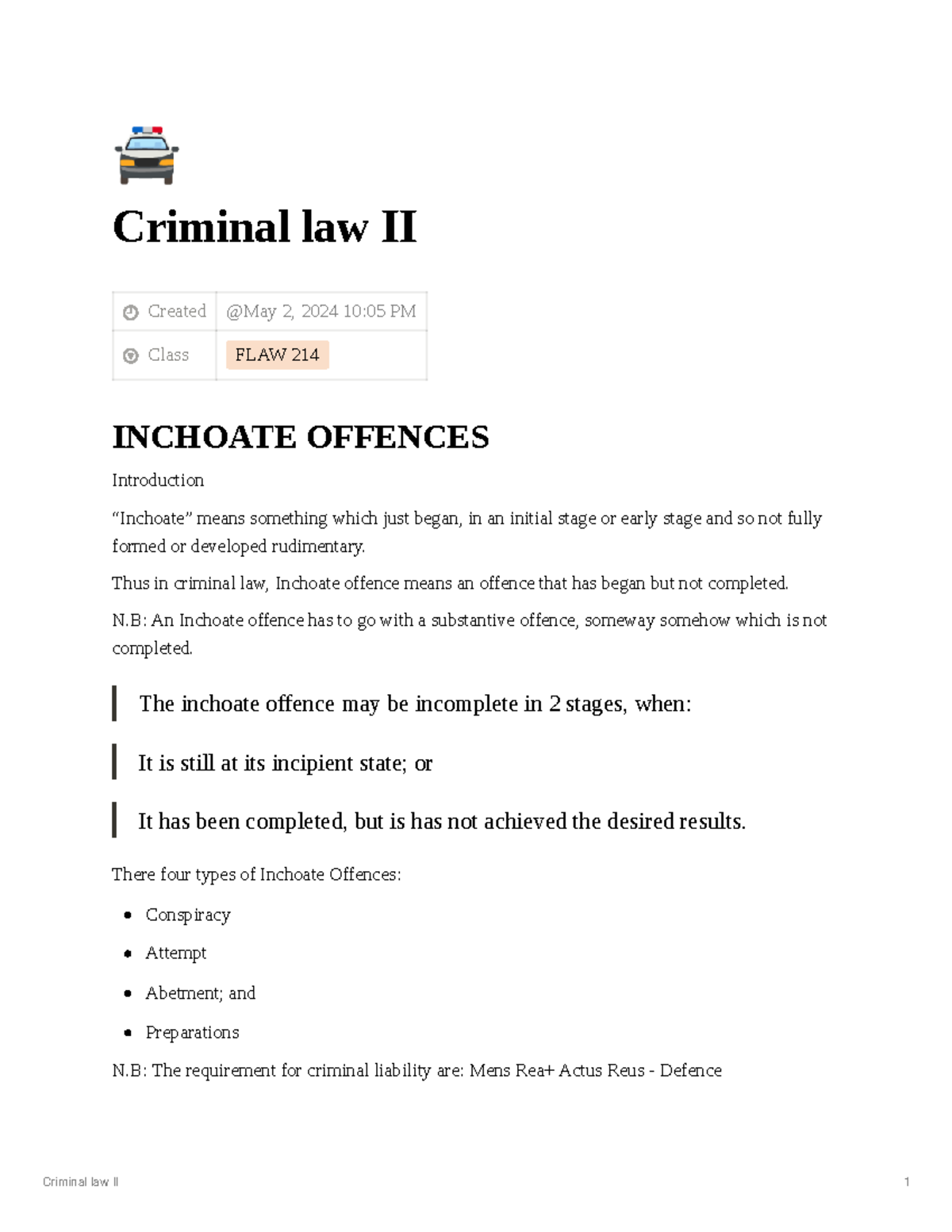 Criminal law II - Notes - 🚔 Criminal law II Created Class FLAW 214 ...