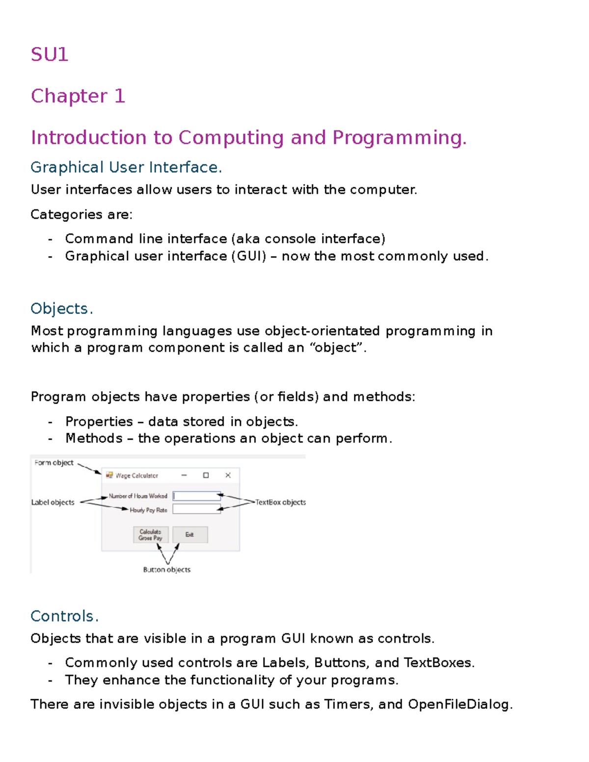 SU1 - My summarised notes for study unit 1 for C# programming - SU ...