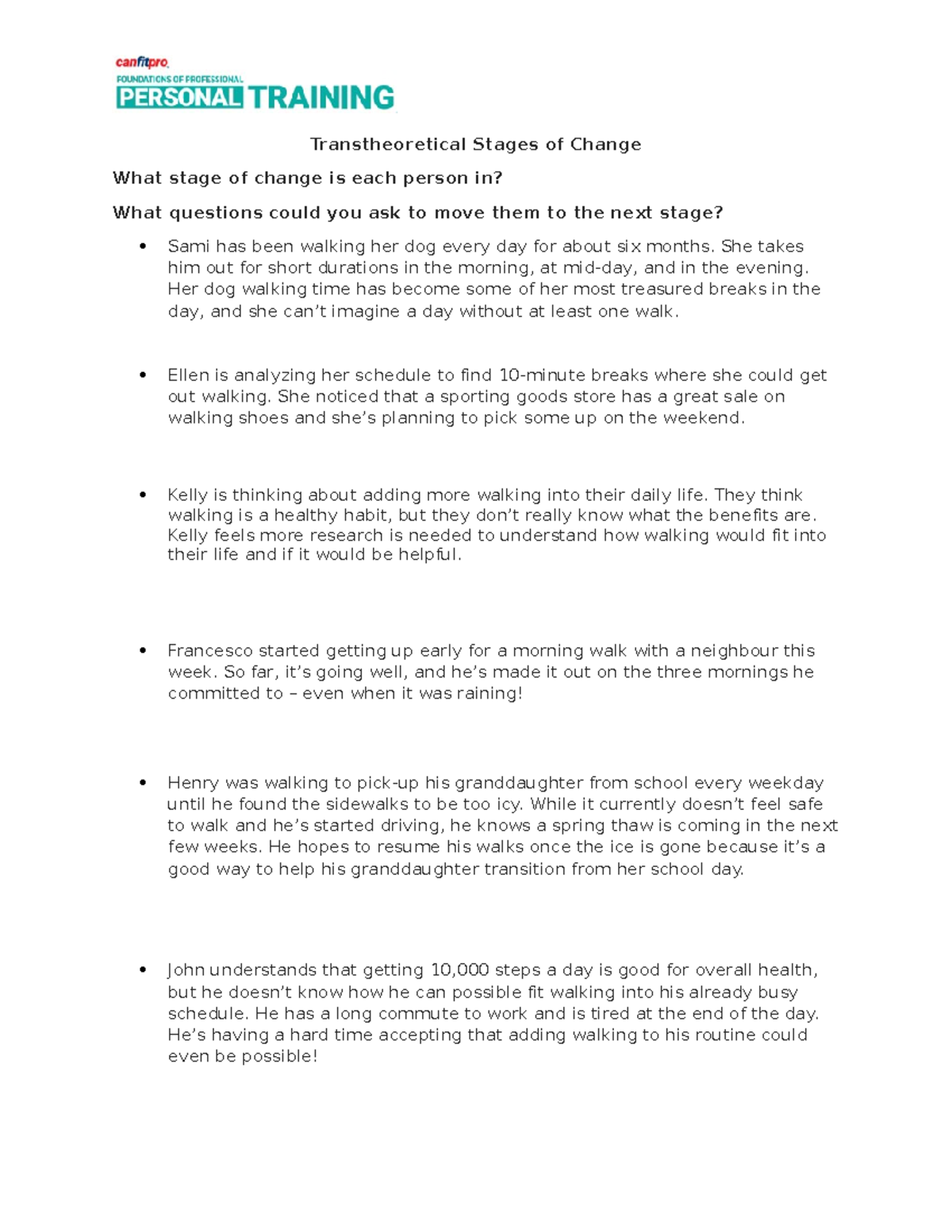 1. Transtheoretical Model of Change Examples Student Activity ...