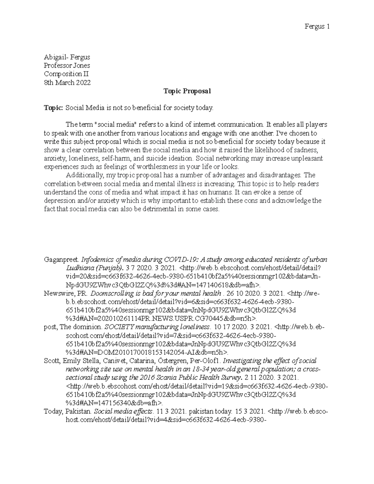 Comp II Topic Propsal - woerk - Fergus 1 Abigail- Fergus Professor ...