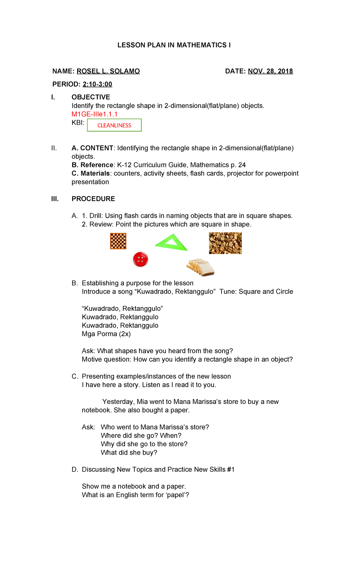 Cotmath - nice - LESSON PLAN IN MATHEMATICS I NAME: ROSEL L. SOLAMO ...