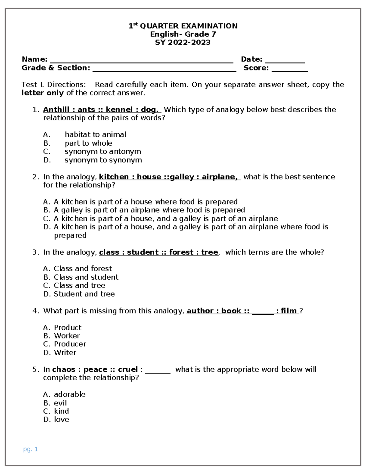 1st Quarter Examination - 1 st QUARTER EXAMINATION English- Grade 7 SY ...