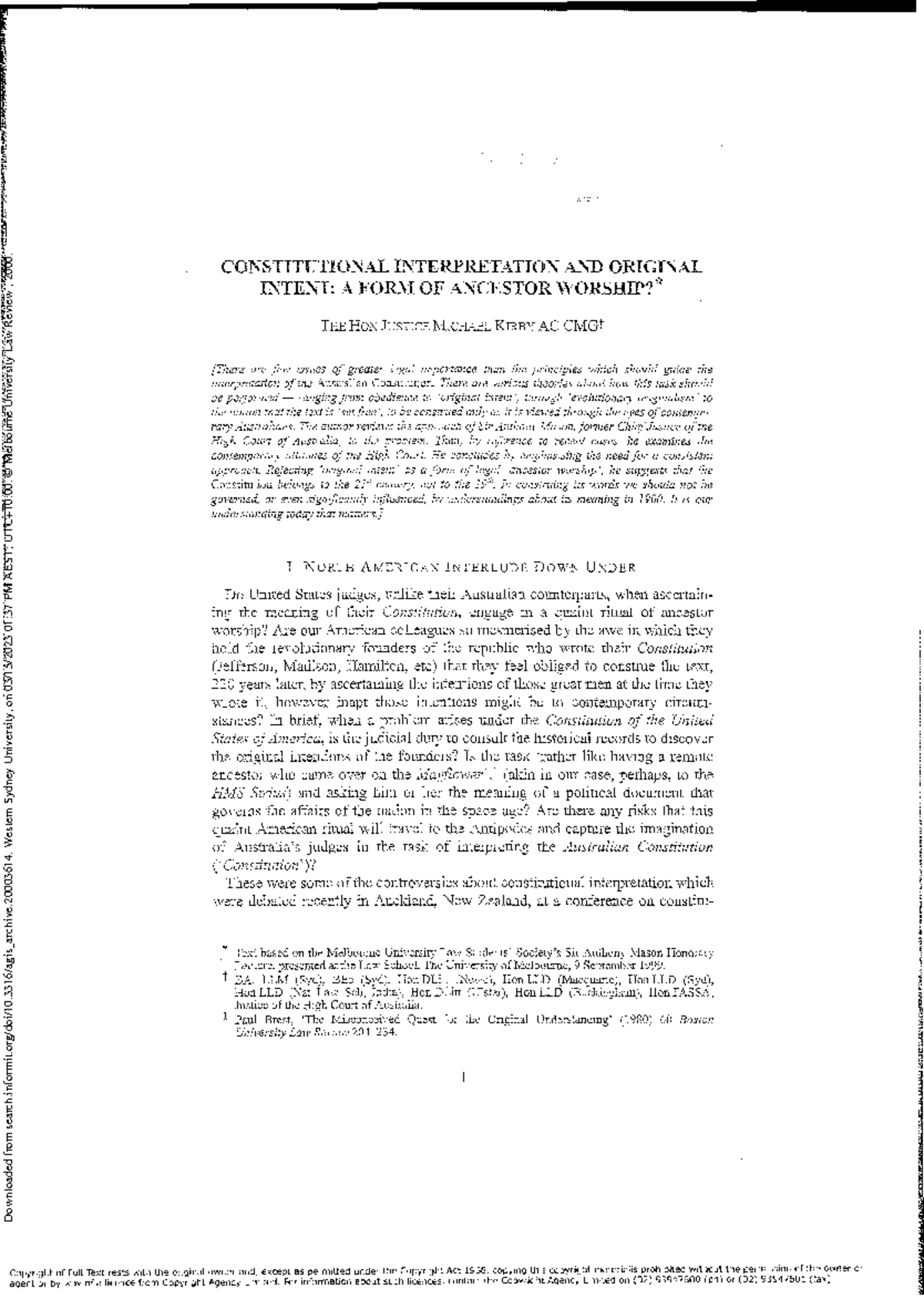 Kirby Article CL - CONSTITUTIONAL INTERPRETATION AND ORlGINAL INTENT: A ...