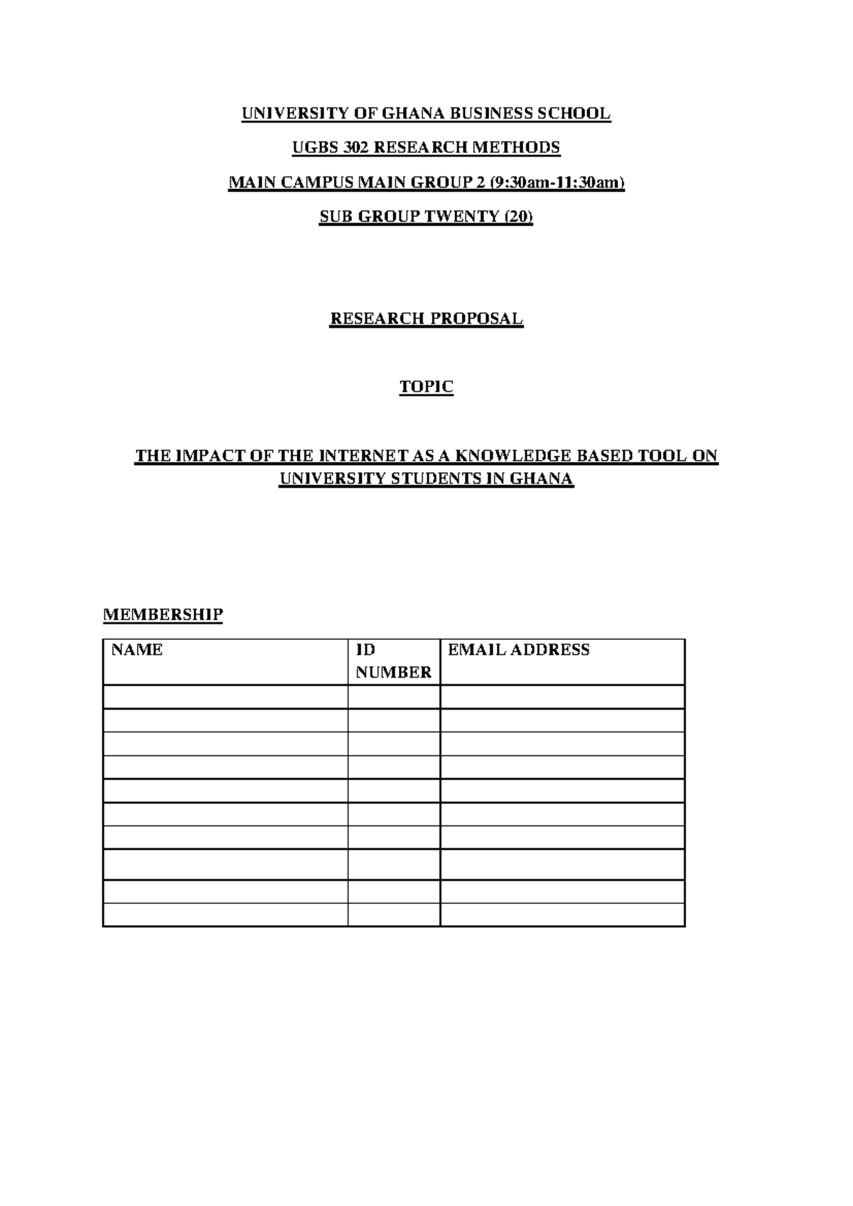 Research Proposal - UNIVERSITY OF GHANA BUSINESS SCHOOL UGBS 302 ...