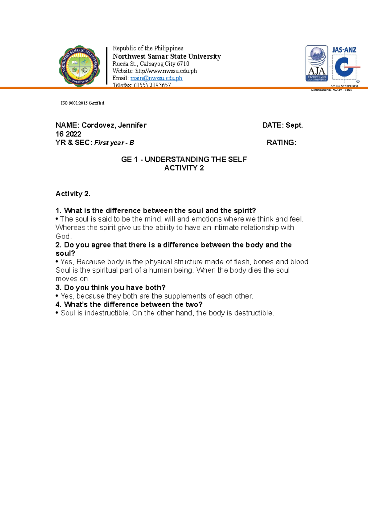 UST Act.1 - BSED FIL - B, Cordovez Jennifer - ISO 9001:2015 Certified ...