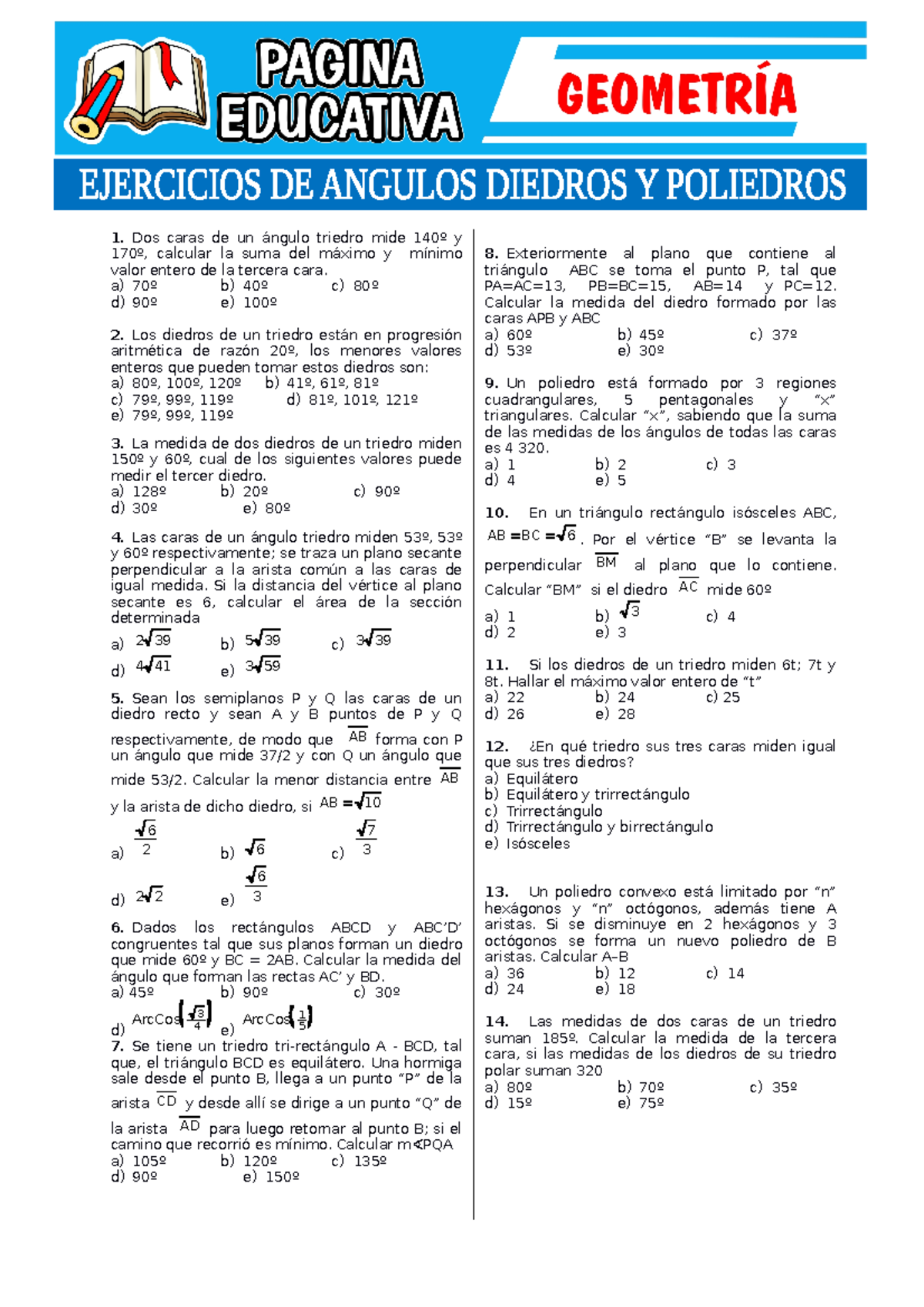 Ejercicios de Angulos Diedros y Poliedros Pagina Educativa - Dos caras ...
