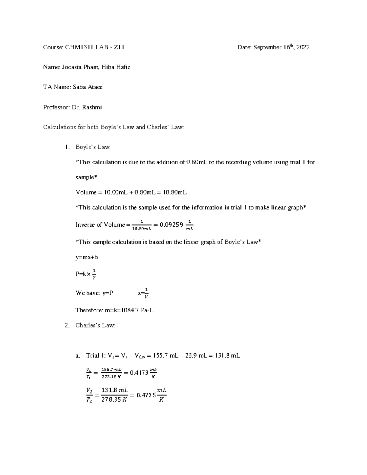CHM1311 LAB 1 - Sample Calculation - Course: CHM1311 LAB - Z11 Date: September 16th, 2022 Name ...