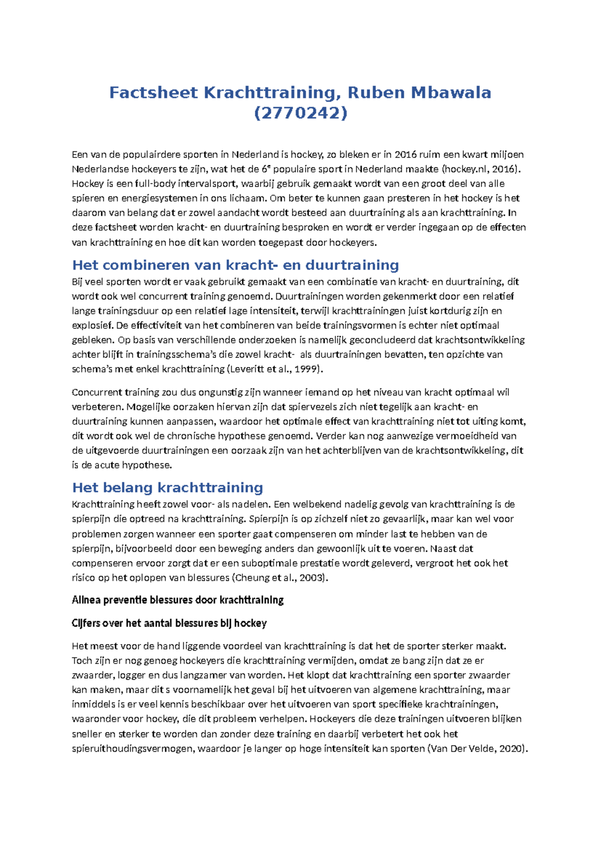Factsheet T&P - Factsheet Krachttraining, Ruben Mbawala (2770242) Een ...