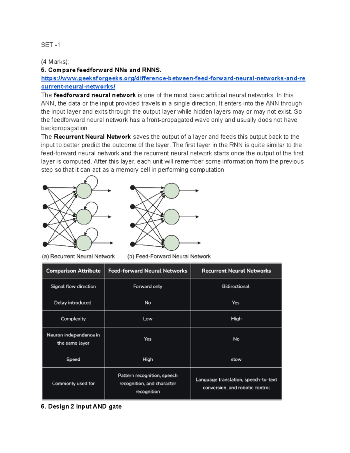 Ann 2 - SET - (4 Marks): 5. Compare feedforward NNs and RNNS. - Studocu