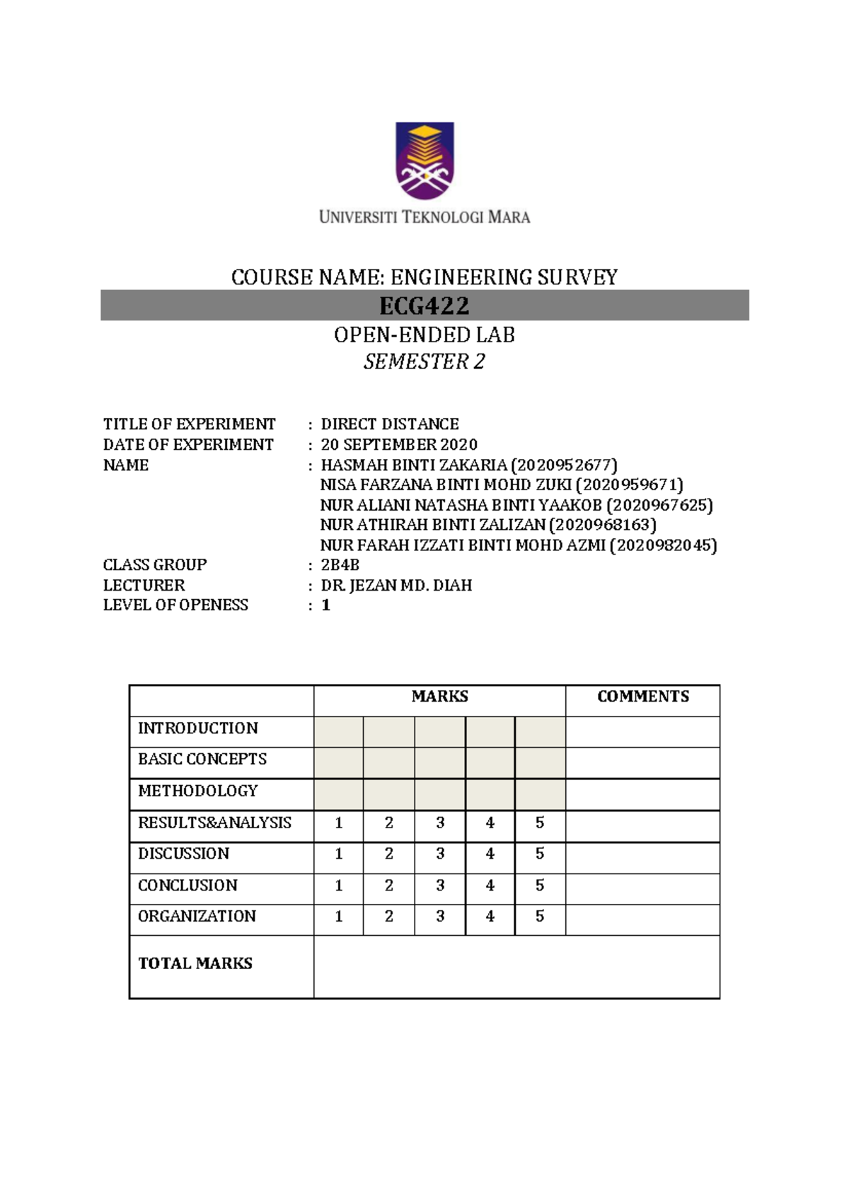 LAB Report Level 1 - COURSE NAME: ENGINEERING SURVEY ECG OPEN-ENDED LAB SEMESTER 2 TITLE OF ...