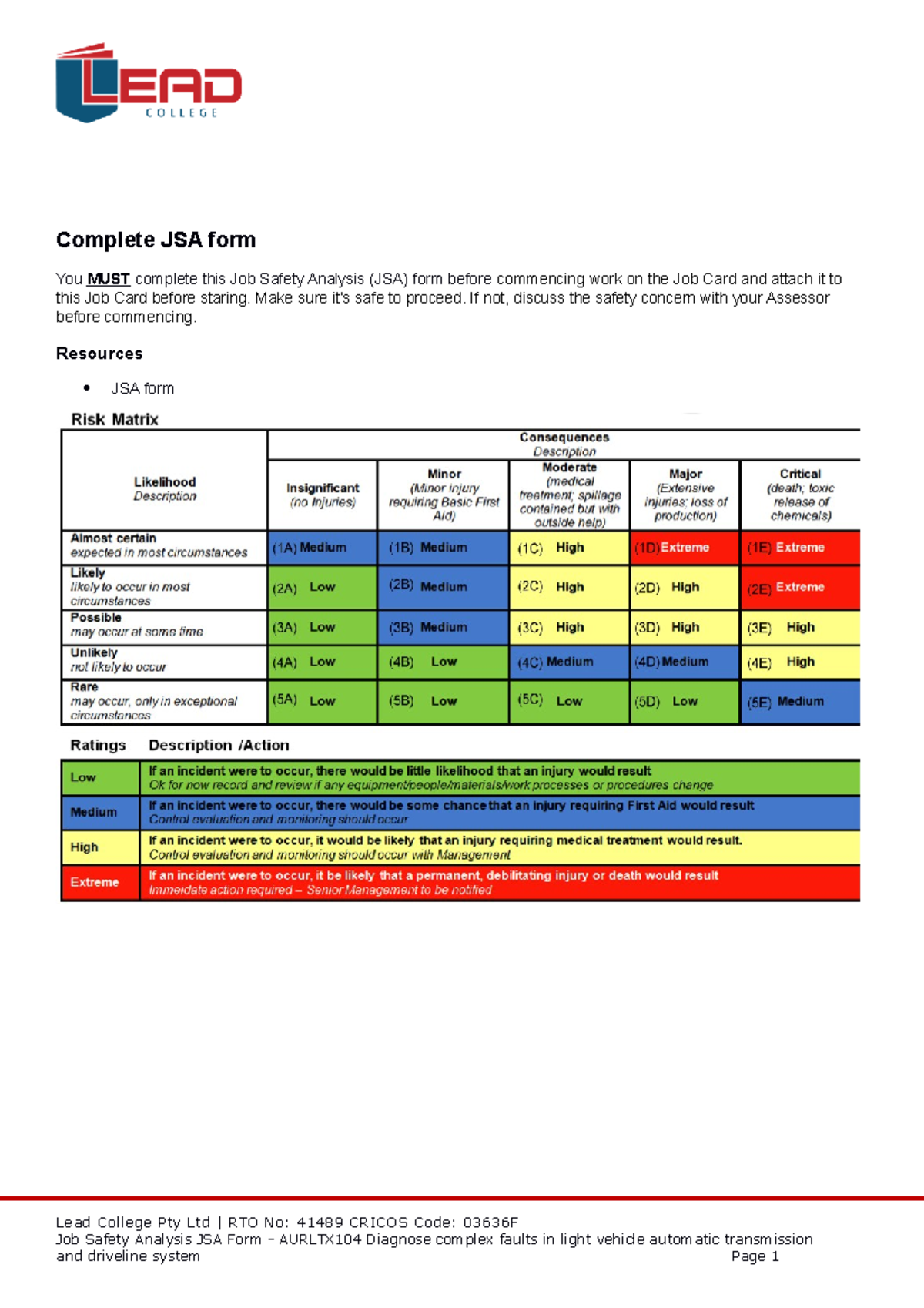 Job Safety Analysis JSA form - Make sure it’s safe to proceed. If not ...