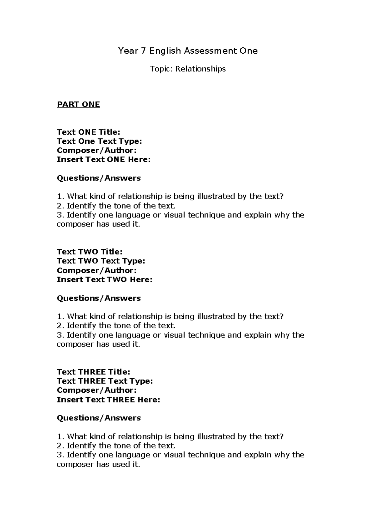 Year 7 Assessment Relationships Scaffold - Year 7 English Assessment ...