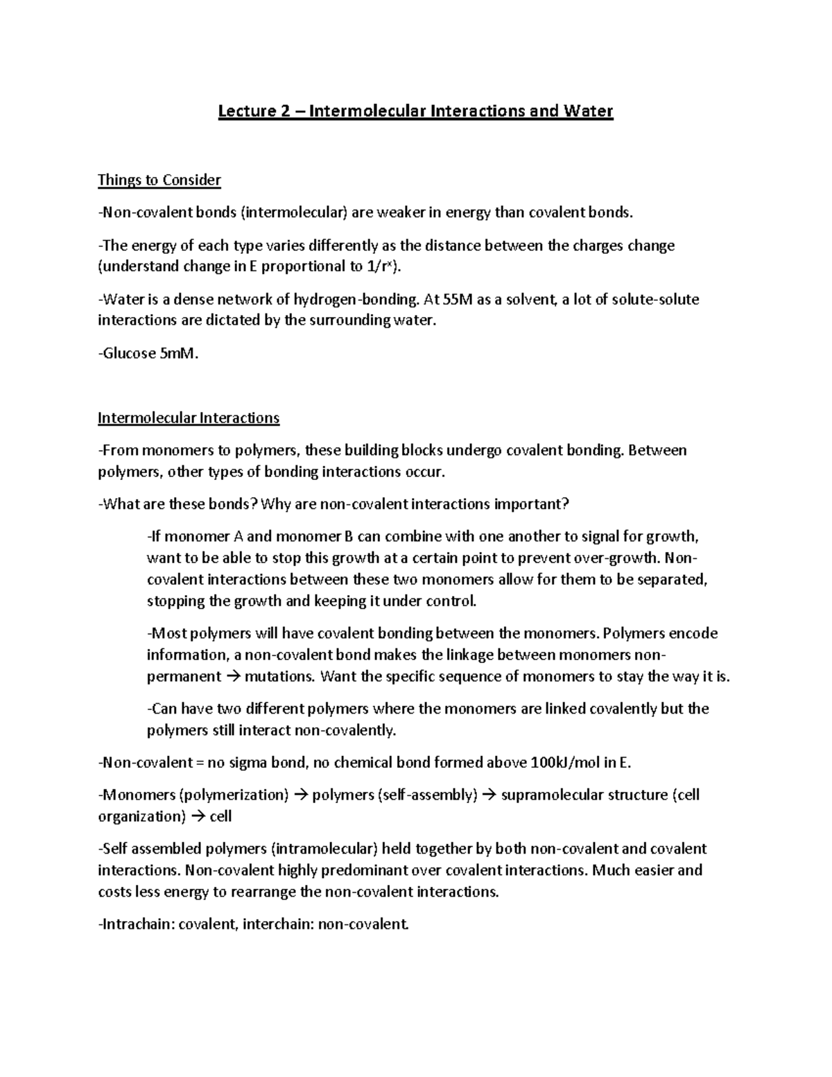 BCH2333 Lecture 2 Notes - Intermolecular Interactions and Water - Dr ...
