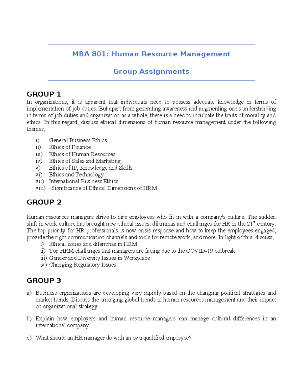 Group Assignments - MBA 801 - HRM - MBA 801: Human Resource Management ...